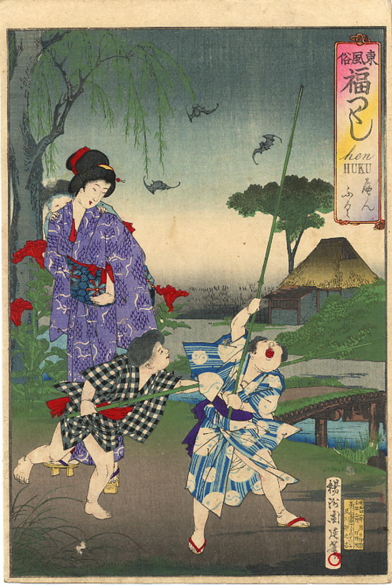 Japanese Print "Henfuku- Small boys chasing bats in the evening" by ...