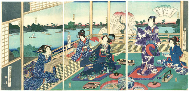 歌川国貞による浮世絵「Prince Genji enjoying cherry blossoms and the sumida river ...
